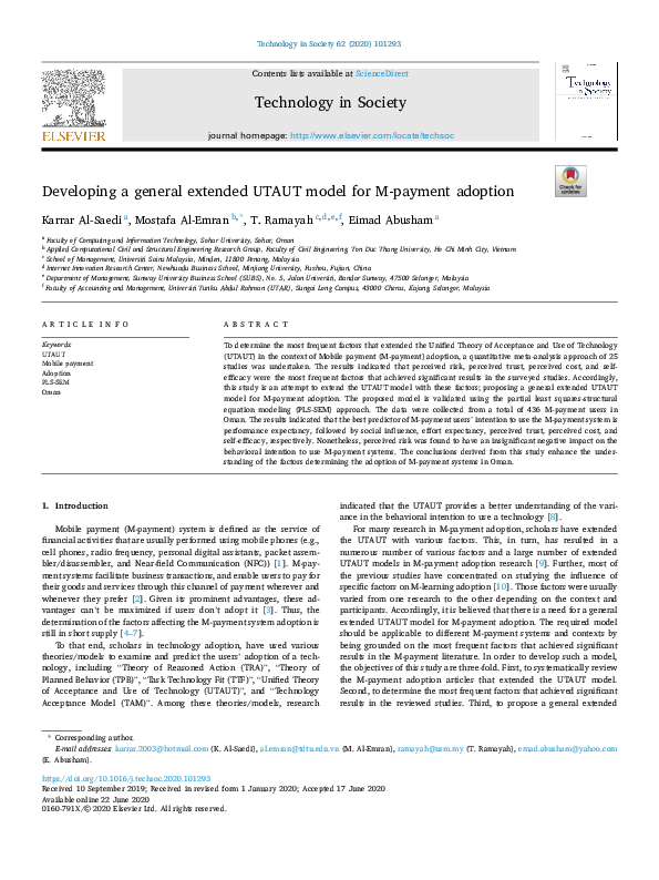 (PDF) Developing a general extended UTAUT model for M-payment adoption