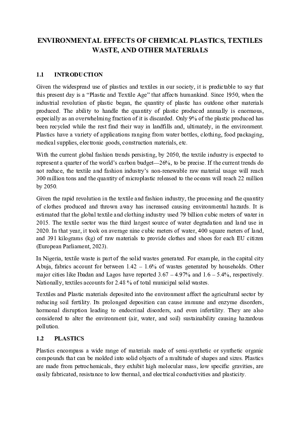 (DOC) ENVIRONMENTAL EFFECTS OF CHEMICAL PLASTICS, TEXTILES WASTE, AND ...
