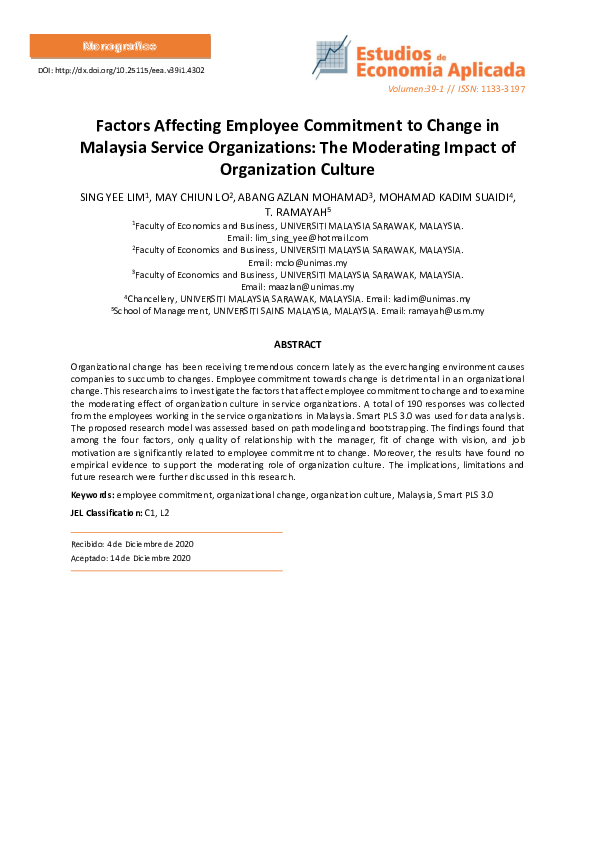 (PDF) Factors Affecting Employee Commitment to Change in Malaysia Service Organizations: The ...