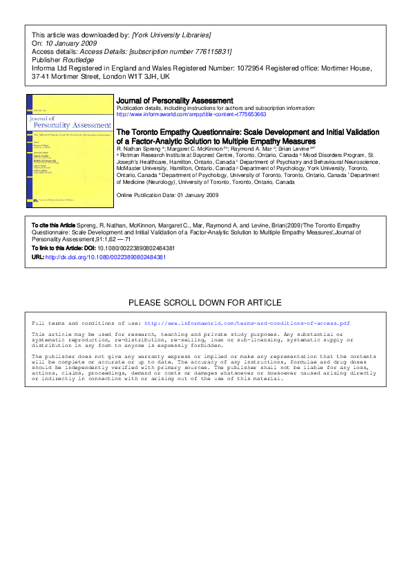 (PDF) The Toronto Empathy Questionnaire: Scale Development and Initial Validation of a Factor ...