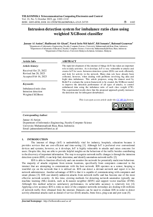 Pdf Intrusion Detection System For Imbalance Ratio Class Using Weighted Xgboost Classifier