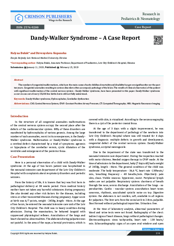 (PDF) Dandy-Walker Syndrome -A Case Report