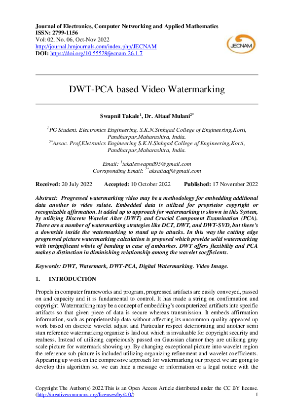 (PDF) DWT-PCA based Video Watermarking