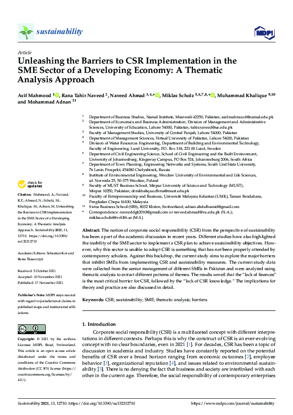 (PDF) Unleashing the Barriers to CSR Implementation in the SME Sector of a Developing Economy: A ...