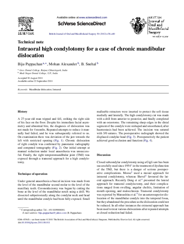 (PDF) Intraoral High Condylotomy for Mandibular Dislocation