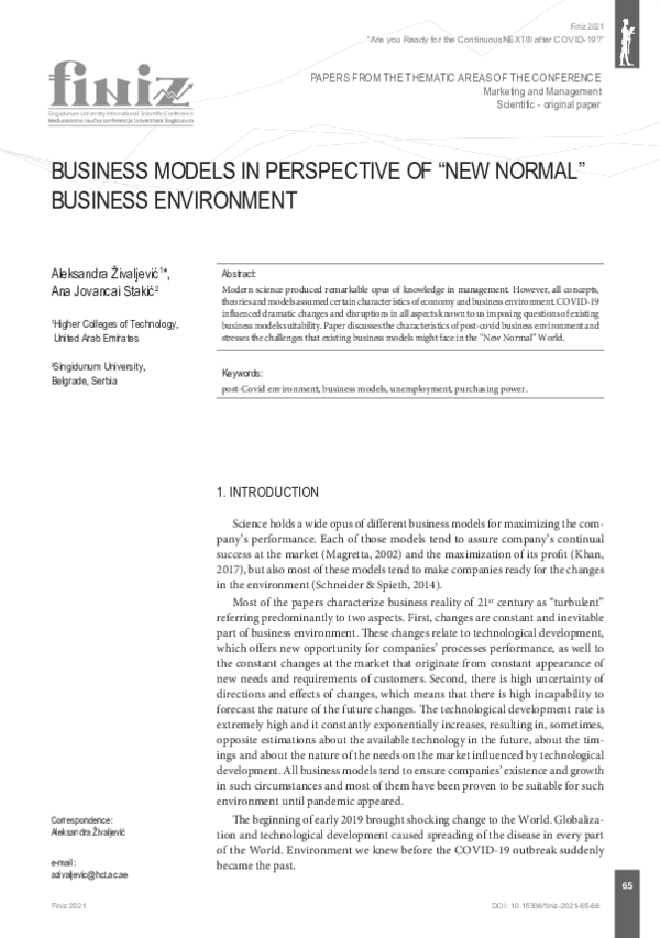 (PDF) Business Models in Perspective of “New Normal” Business Environment
