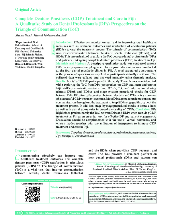 (PDF) Complete denture prostheses (CDP) treatment and care in Fiji: A ...