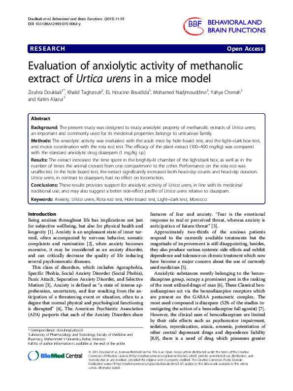 (PDF) Evaluation of anxiolytic activity of methanolic extract of Urtica ...