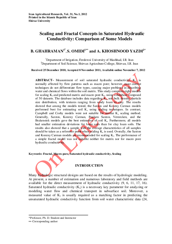 (PDF) Scaling and Fractal Concepts in Saturated Hydraulic Conductivity: Comparison of Some Models