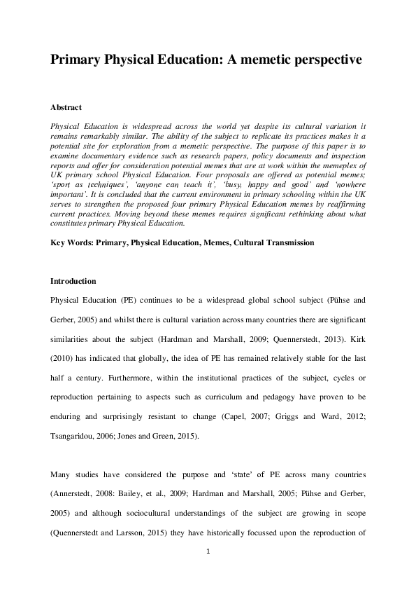 (PDF) Primary Physical Education: A memetic perspective