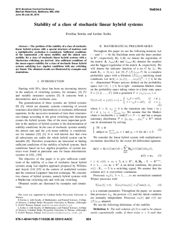 (PDF) Stability of a class of stochastic linear hybrid systems
