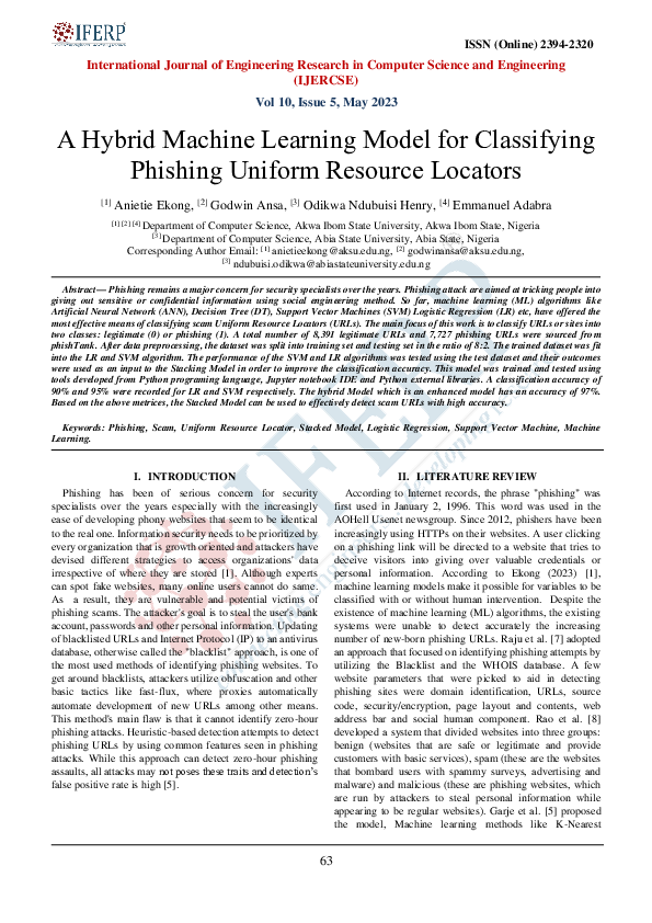 Pdf A Hybrid Machine Learning Model For Classifying Phishing Uniform Resource Locators