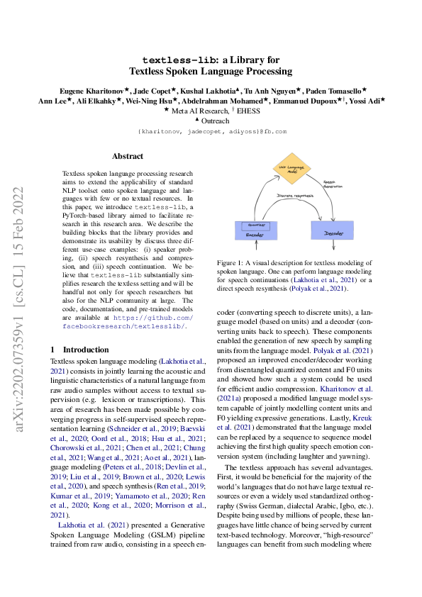 (PDF) textless-lib: a Library for Textless Spoken Language Processing
