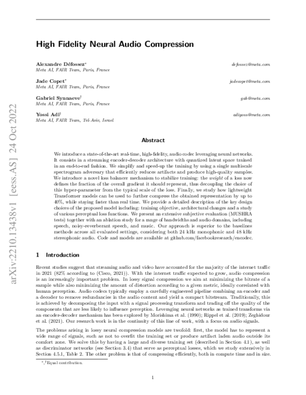 (PDF) High Fidelity Neural Audio Compression