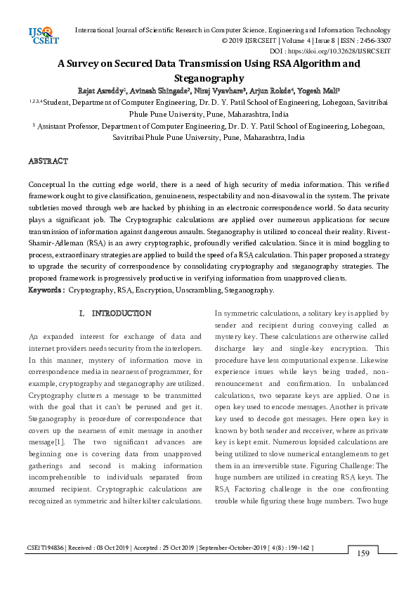 (PDF) A Survey on Secured Data Transmission Using RSA Algorithm and Steganography | Dr.Yogesh ...