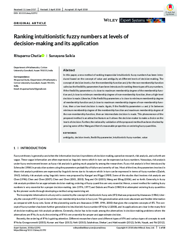 (PDF) Ranking intuitionistic fuzzy numbers at levels of decision-making and its application
