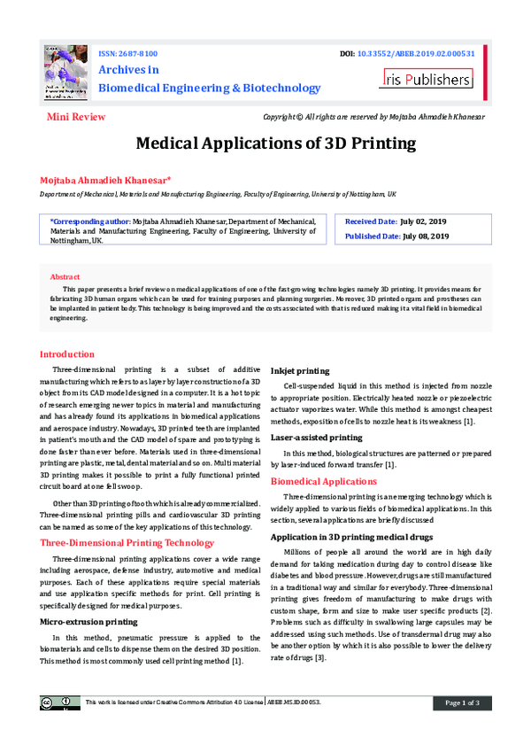 (PDF) Medical Applications of 3D Printing