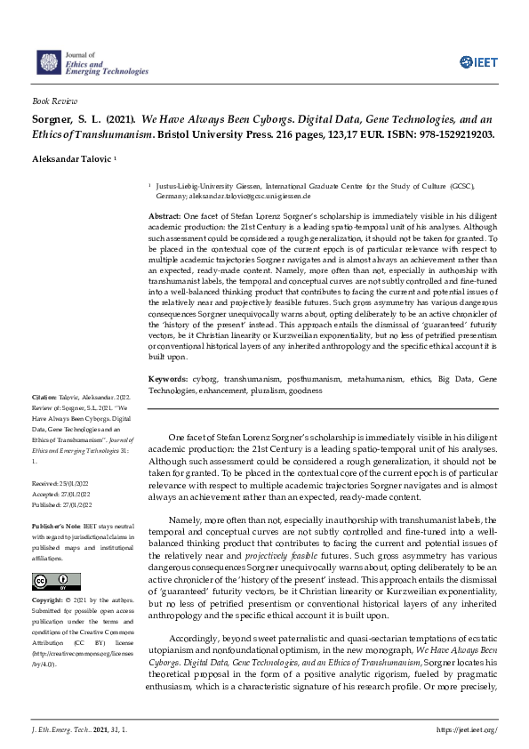 (PDF) Sorgner, S. L. (2021). We Have Always Been Cyborgs. Digital Data, Gene Technologies, and ...