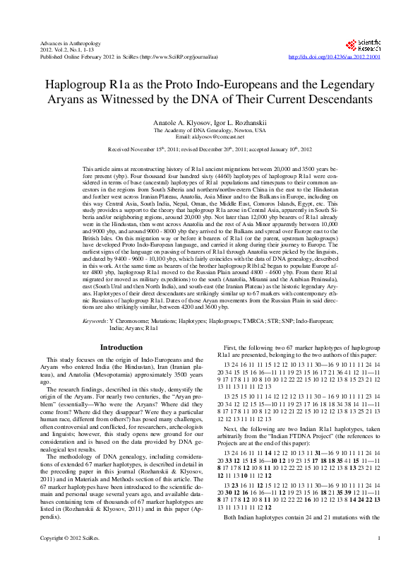 (PDF) Haplogroup R1a as the Proto Indo-Europeans and the Legendary ...