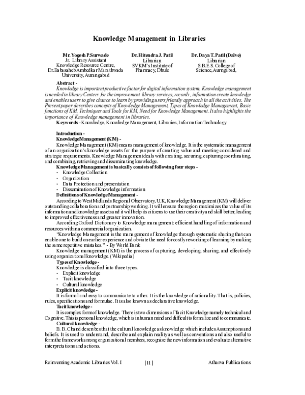 (PDF) Knowledge Management in Libraries