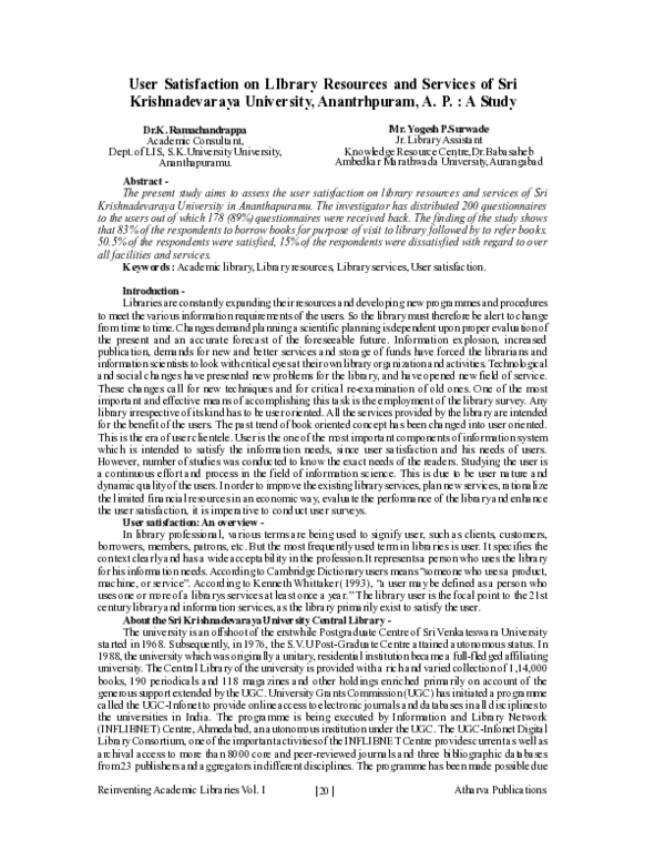(PDF) User Satisfaction on LIbrary Resources and Services of Sri Krishnadevaraya University ...