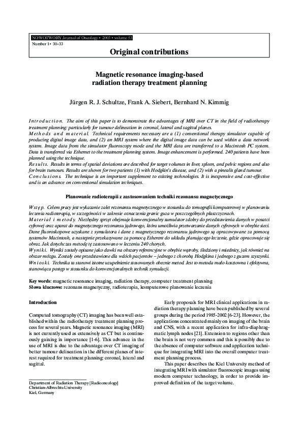 (PDF) Magnetic resonance imaging-based radiation therapy treatment planning