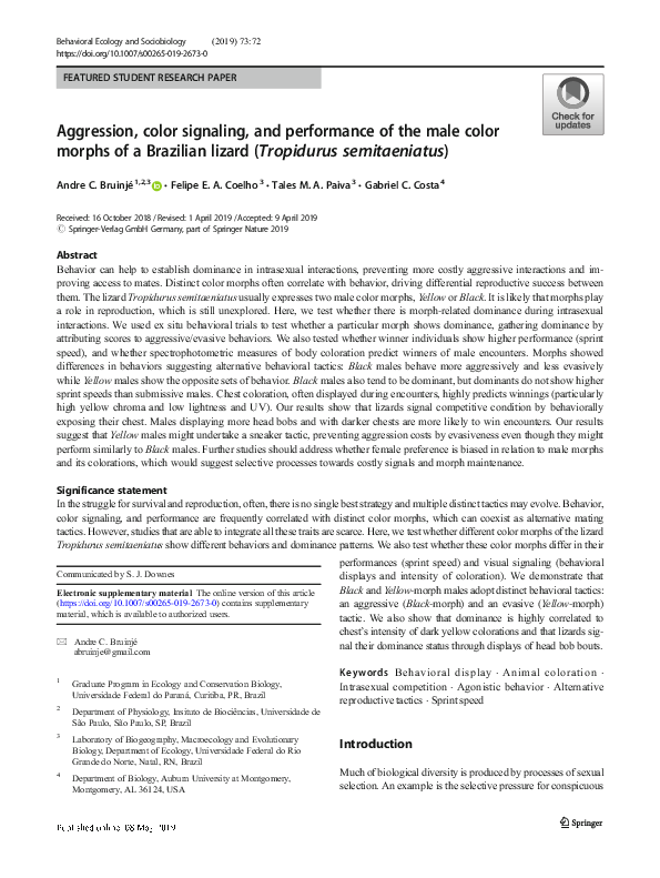 (PDF) Aggression, color signaling, and performance of the male color ...