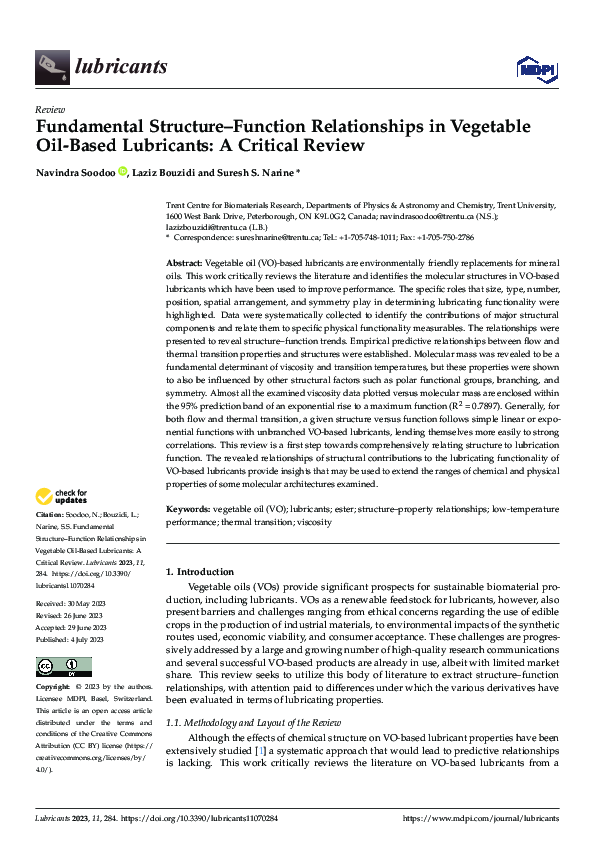 (PDF) Fundamental Structure–Function Relationships in Vegetable Oil-Based Lubricants: A Critical ...