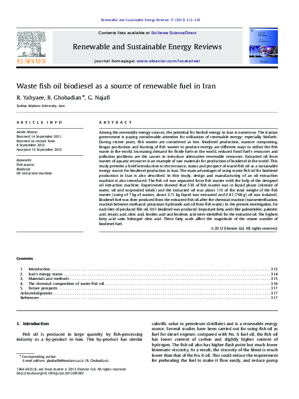 (PDF) Waste fish oil biodiesel as a source of renewable fuel in Iran