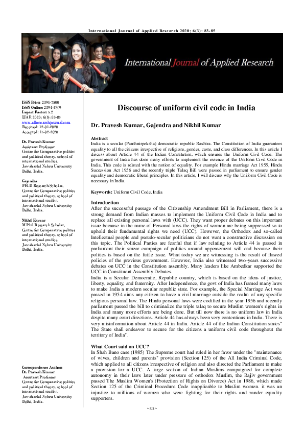 (PDF) Discourse of uniform civil code in India