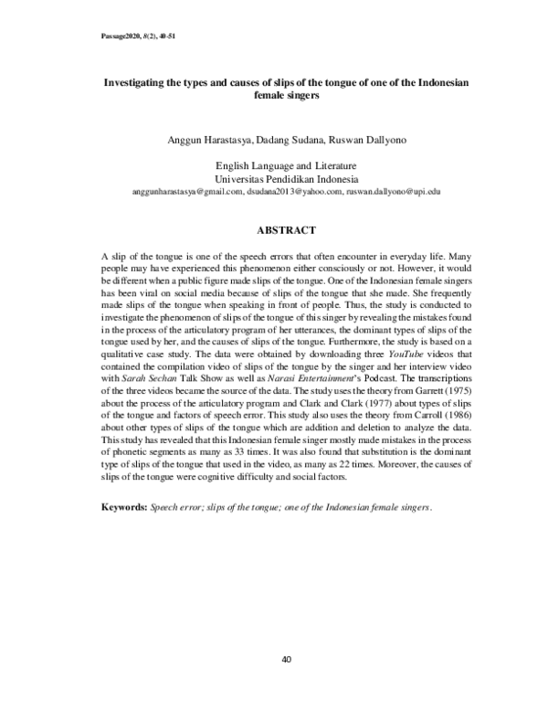 (PDF) Investigating the types and causes of slips of the tongue of one ...