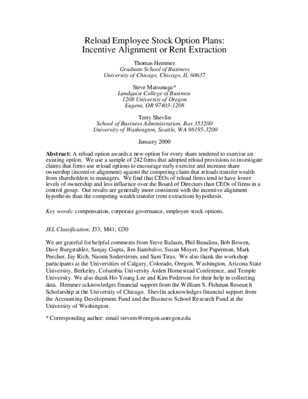 (PDF) Reload Employee Stock Option Plans: Incentive Alignment or Rent ...