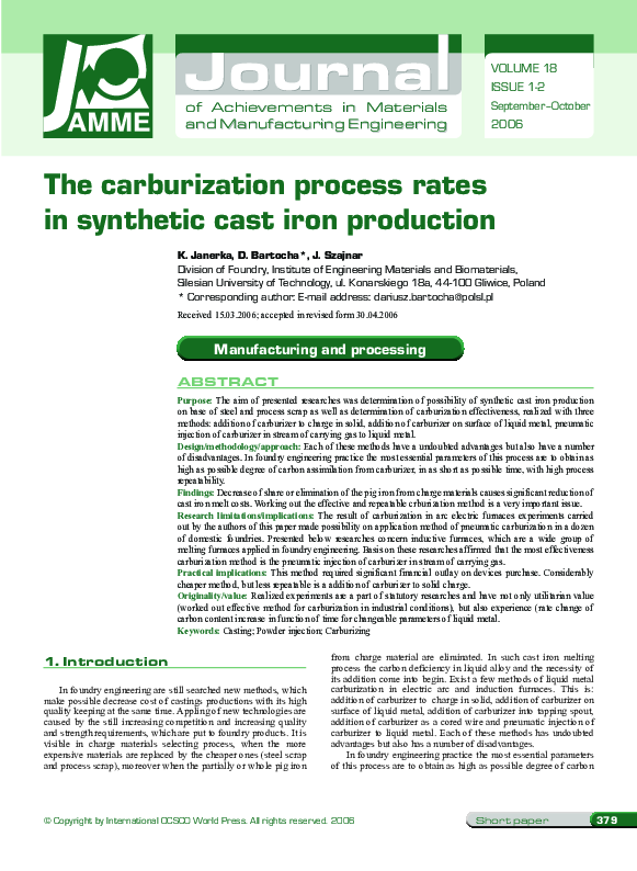 (PDF) The carburization process rates in synthetic cast iron production