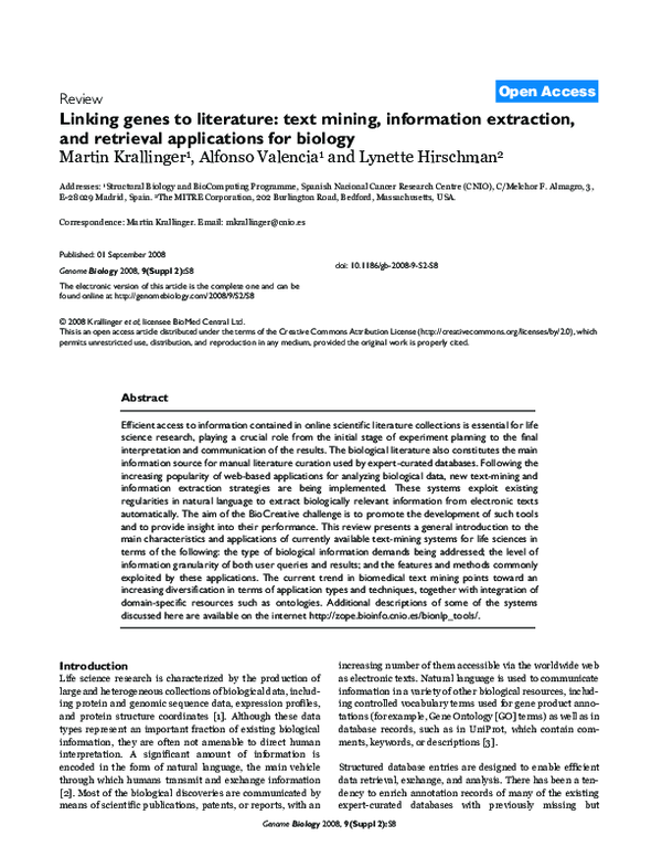 (PDF) Linking genes to literature: text mining, information extraction, and retrieval ...