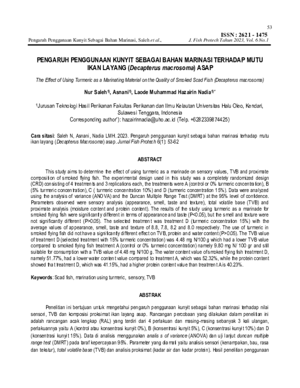 (PDF) The Effect of Using Turmeric as a Marinating Material on the Quality of Smoked Scad Fish ...