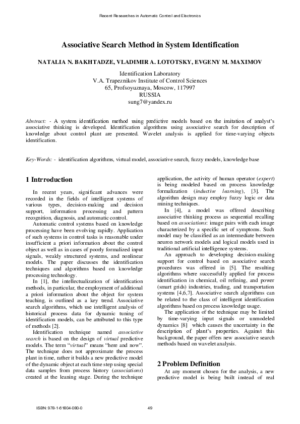 (PDF) Associative Search and Wavelet Analysis Techniques in System Identification