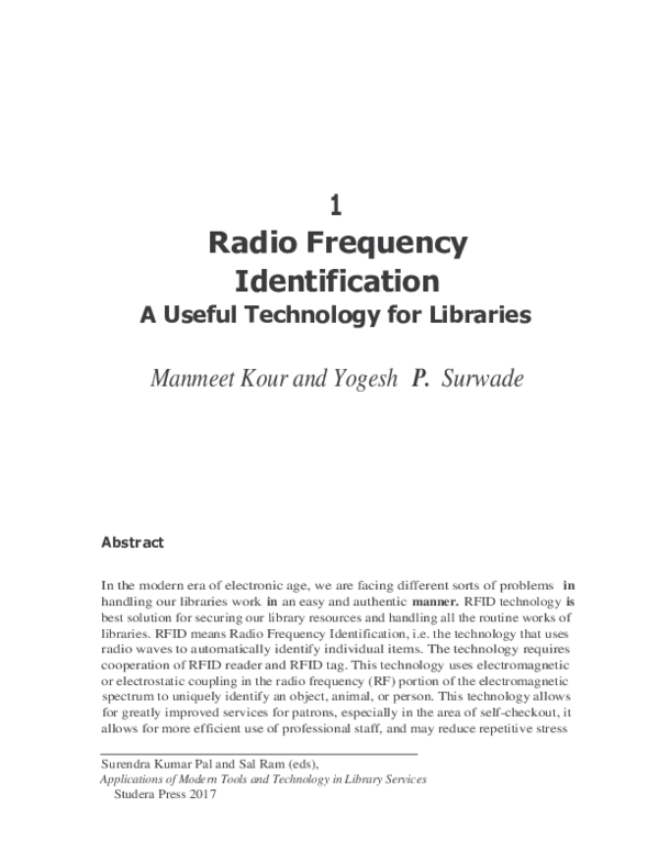 (PDF) Radio Frequency Identification A Useful Technology for Libraries