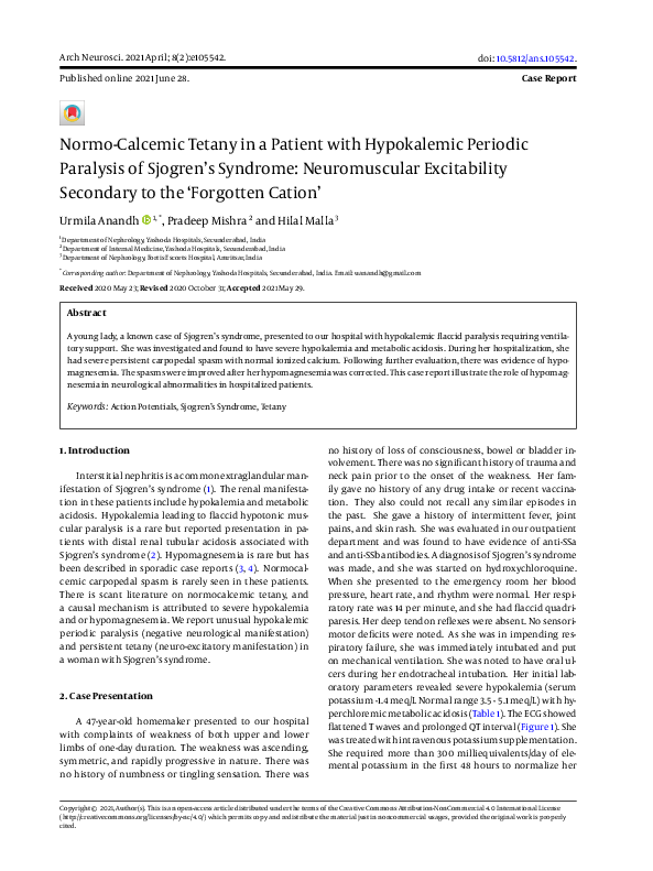 (PDF) Normo-Calcemic Tetany in a Patient with Hypokalemic Periodic ...