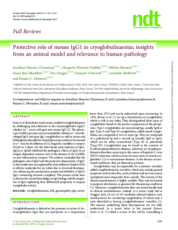 (PDF) Protective role of mouse IgG1 in cryoglobulinaemia; insights from ...