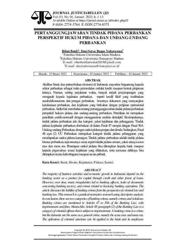 Pdf Pertanggungjawaban Tindak Pidana Perbankan Perspektif Hukum