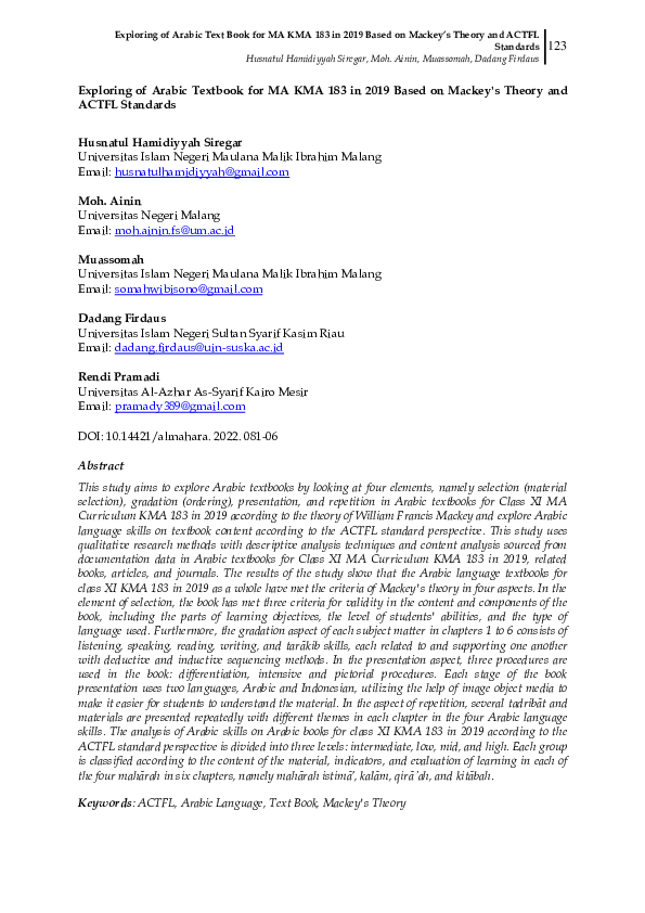 (PDF) Exploring of Arabic Text Book for MA KMA 183 in 2019 Based on Mackey’s Theory and ACTFL ...