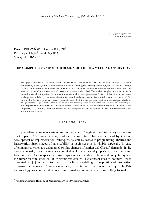 (PDF) The Computer System for Design of the Tig Welding Operation