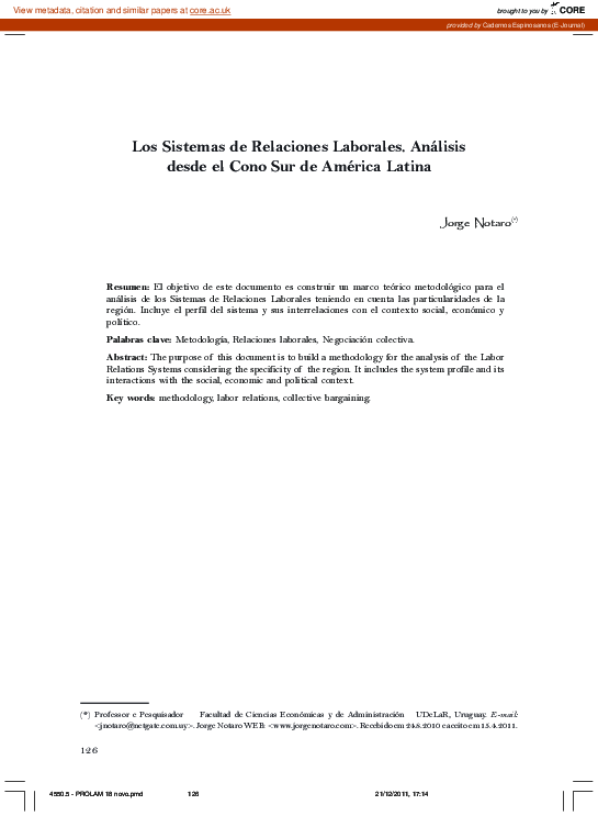 (PDF) Los Sistemas De Relaciones Laborales. Análisis Desde El Cono Sur De América Latina