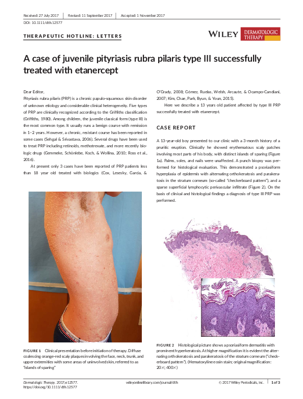 Pdf A Case Of Juvenile Pityriasis Rubra Pilaris Type Iii Successfully Treated With Etanercept