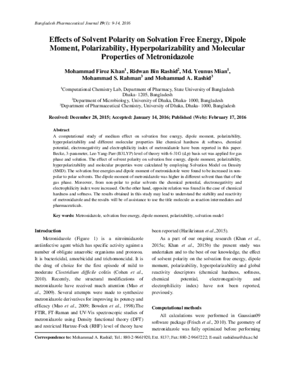 (PDF) Effects of Solvent Polarity on Solvation Free Energy, Dipole Moment, Polarizability ...