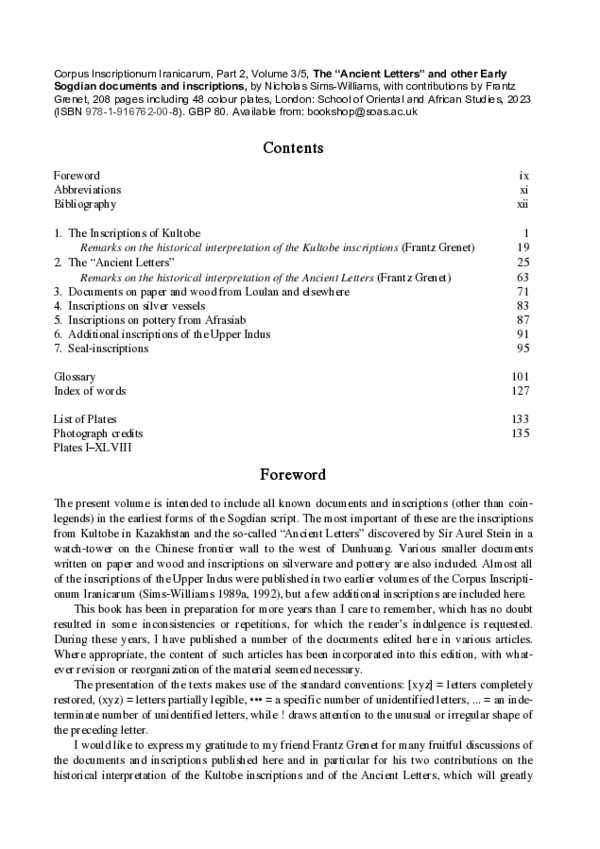 (PDF) Early Sogdian - Contents and foreword