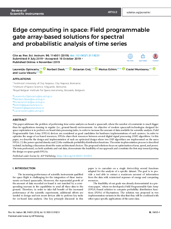 Pdf Edge Computing In Space Field Programmable Gate Array Based Solutions For Spectral And