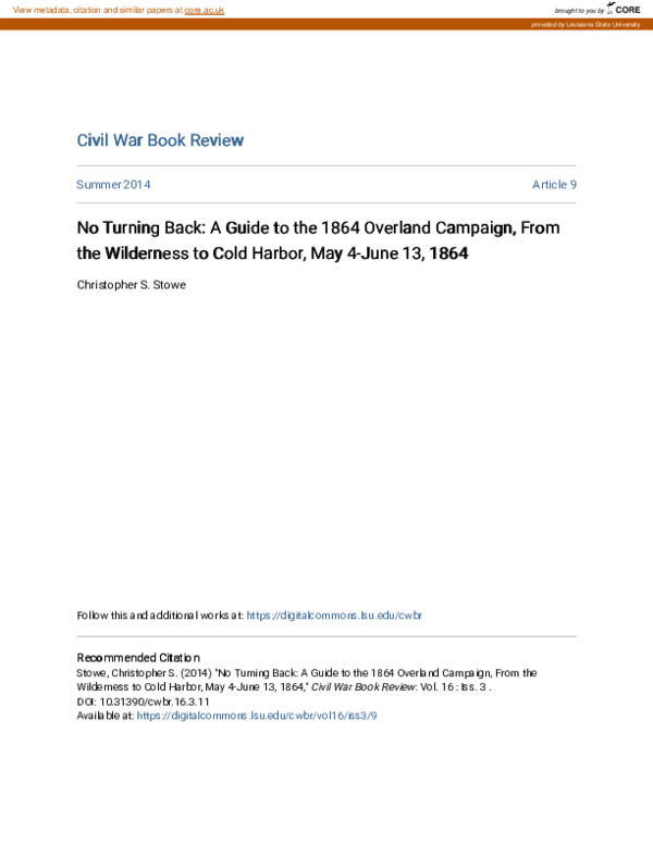 (PDF) No Turning Back: A Guide to the 1864 Overland Campaign, From the ...