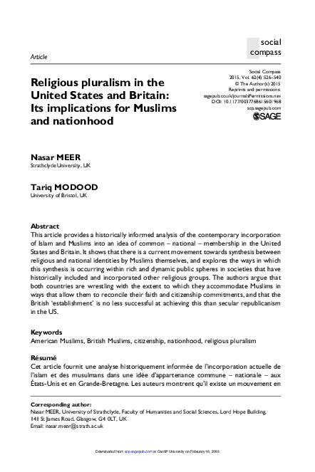 (PDF) Religious pluralism in the United States and Britain: Its ...