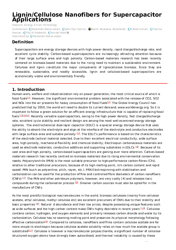 (PDF) Lignin / Cellulose Nanofibers for Supercapacitor Applications